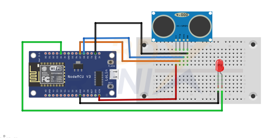 Publish jarak dan kawal LED pada Node-RED menggunakan LED, Ultrasonic ...